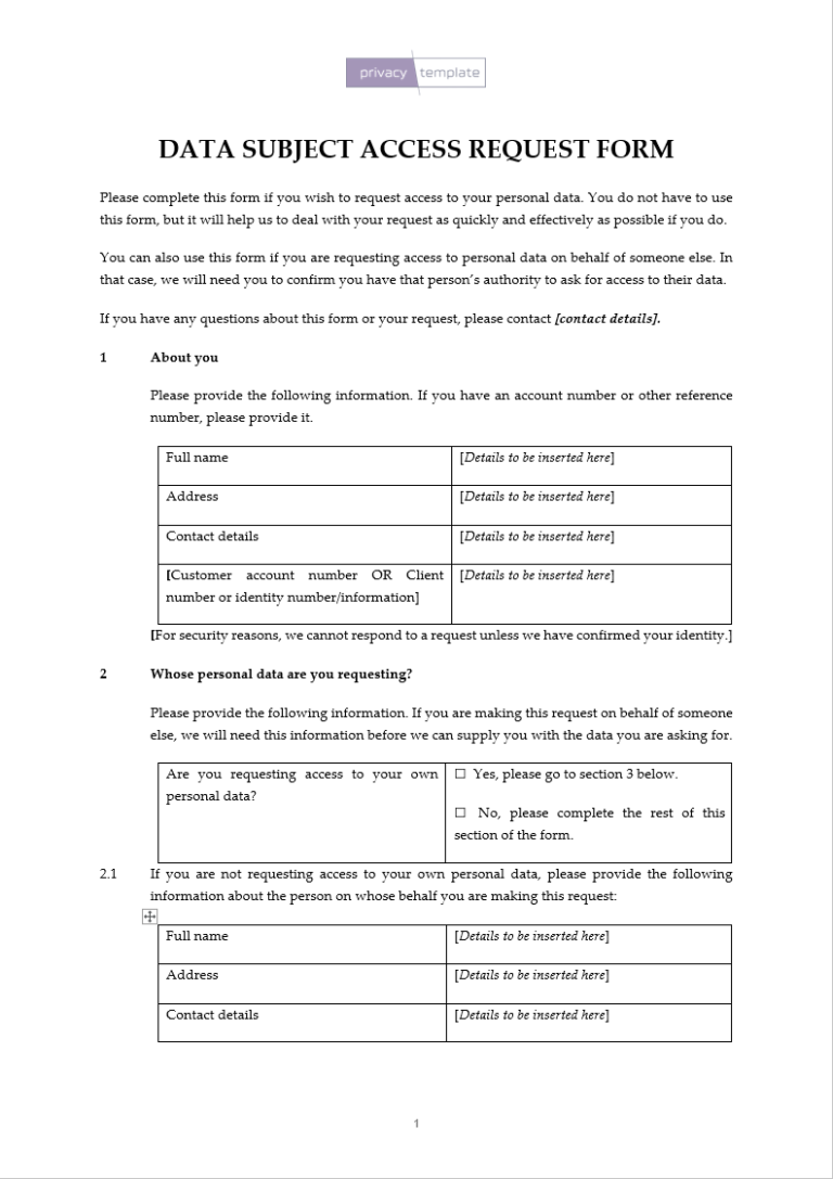 Data Subject Access Request (DSAR) Form - privacytemplate.com