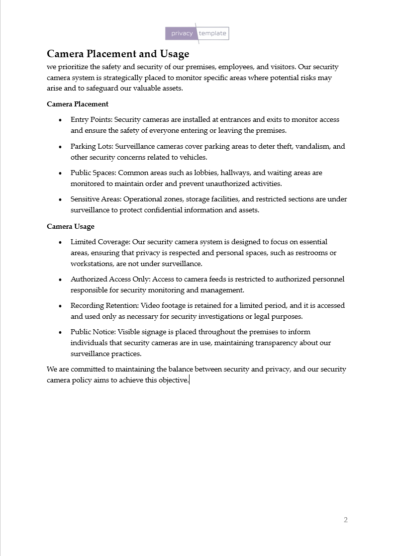 Security Camera Policy - privacytemplate.com
